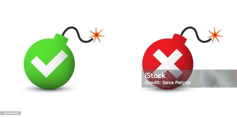 체크 표시와 십자 기호가 있는 폭탄 아이콘입니다 녹색과 빨간색 색상 벡터 그림입니다 폭탄에 대한 스톡 벡터 아트 및 기타 이미지