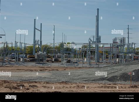 Substation During Its Construction Phase With Exposed Metal Framework Gravel Ground And