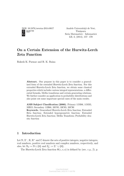 Pdf On A Certain Extension Of The Hurwitz Lerch Zeta Function