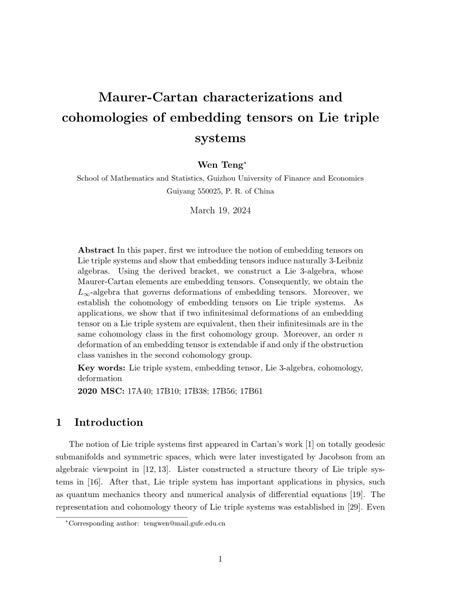 Pdf Maurer Cartan Characterizations And Cohomologies Of Embedding Tensors On Lie Triple Systems