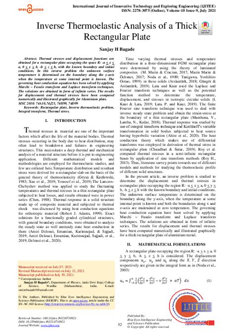 Pdf Inverse Thermoelastic Analysis Of A Thick Rectangular Plate