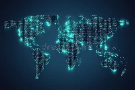 A Glowing Binary Code World Map Illustrating Global Digital Connections And Technology Stock