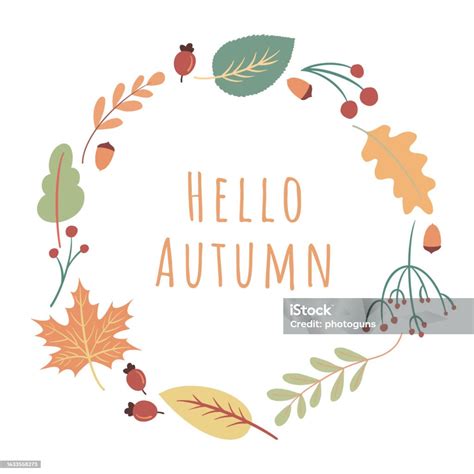 안녕하세요 가을입니다 가을 요소 나뭇잎 열매 도토리가 있는 가을 화환 라운드 프레임 추수감사절 추수 개념 0명에 대한 스톡 벡터 아트 및 기타 이미지 Istock