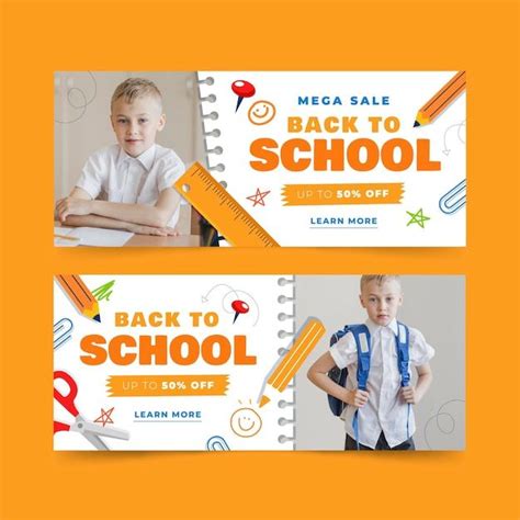 Back To School Horizontal Banners Set With Photo Free Vector