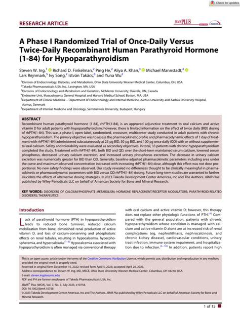 15 A Phase I Randomized Trial Of Once‐daily Versus Twice‐daily Recombinant Human Parathyroid