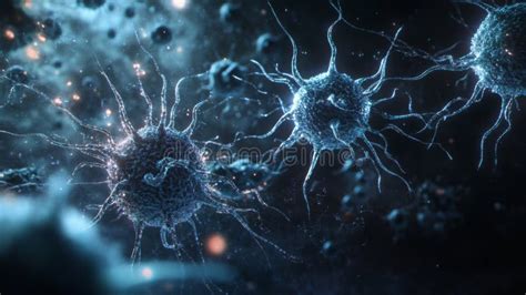 Detailed View Of Microscopic Cells Interacting In Dark Environment With Sparkling Elements Stock