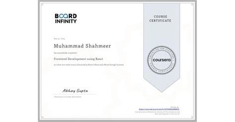 muhammad shahmeer on linkedin completion certificate for frontend development using react