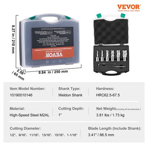 Vevor Annular Cutter Set 6 Pcs Weldon Shank Mag Drill Bits 1 Cutting Depth 1 2 To 1 1 16