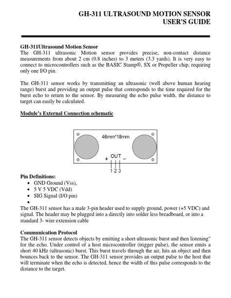 GH 311 ULTRASOUND MOTION SENSOR USER GUIDE MANUAL ETC