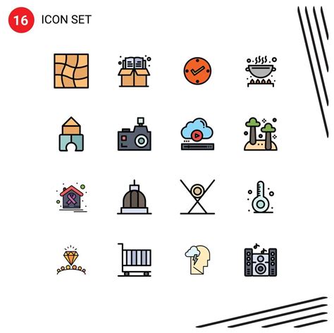 User Interface Pack Of 16 Basic Flat Color Filled Lines Of Toy Building Tick Pan Cooking