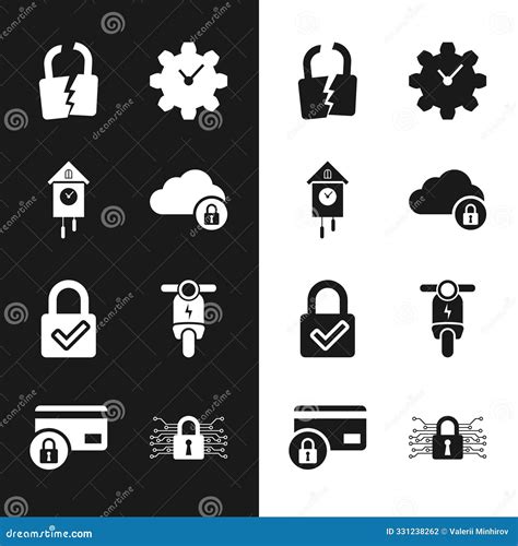 Set Cloud Computing Lock Retro Wall Watch Broken Or Cracked Time Management Lock And Check