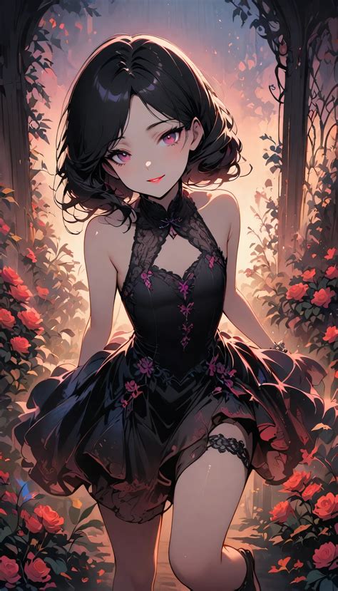 검은 드레스를 입은 소녀가 장미 정원에 서 있습니다 Seaart Ai