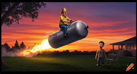 Cartoon Hank Hill Wearing A Crown Flies A Flaming Propane Tank Over A
