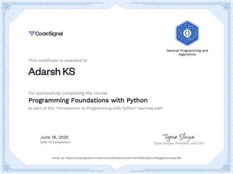 Python Programming Codesignal Learning Softwaredevelopment Foundations Adarsh K S