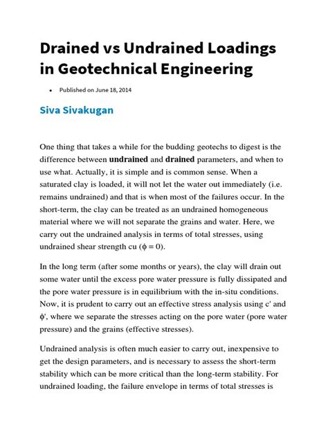 Drained Vs Undrained Loadings In Geotechnical Engineering Siva