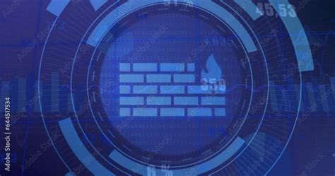 Animation Of Firewall Icon In Loading Circles Graphs Numbers Binary