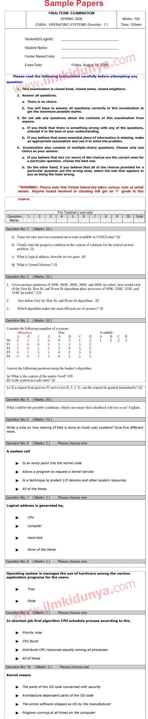 cs604 operating systems master of information technology vu university