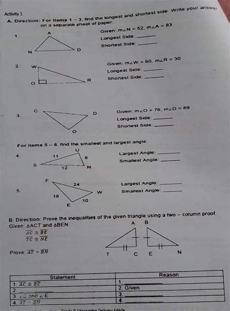 Solved Activity A Direction For Items Find The Longest And Shortest Side Write Your