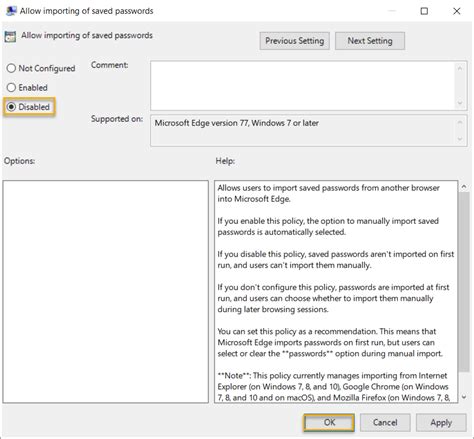 Ensure Allow Importing Of Saved Passwords Is Set To Disabled CIS LEVEL