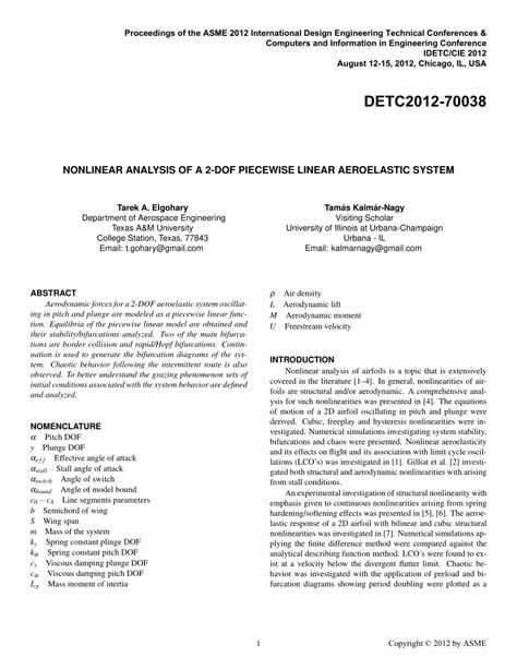 Pdf Nonlinear Analysis Of A 2 Dof Piecewise Linear Aeroelastic System