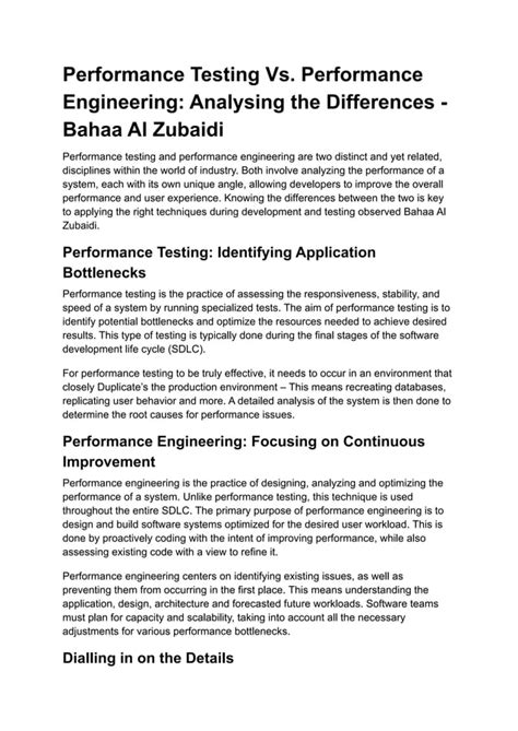 Performance Testing Vs Performance Engineering Analysing The Differences Bahaa Al Zubaidi Pdf
