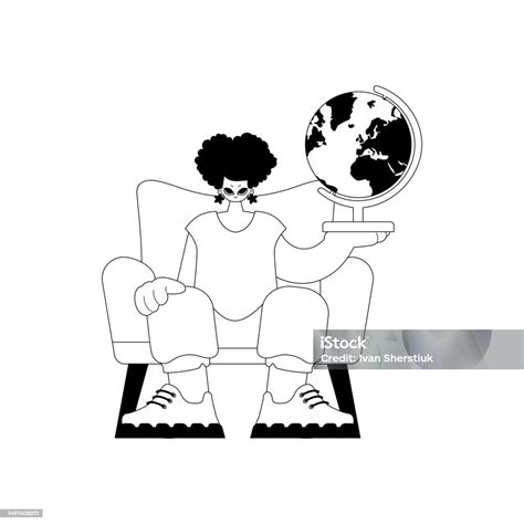 지구본과 함께 활기찬 아가씨 학습 과목 비참하고 하얀 선의 장인 정신 트렌디한 스타일 벡터 일러스트레이션 계산기에 대한 스톡 벡터 아트 및 기타 이미지 Istock