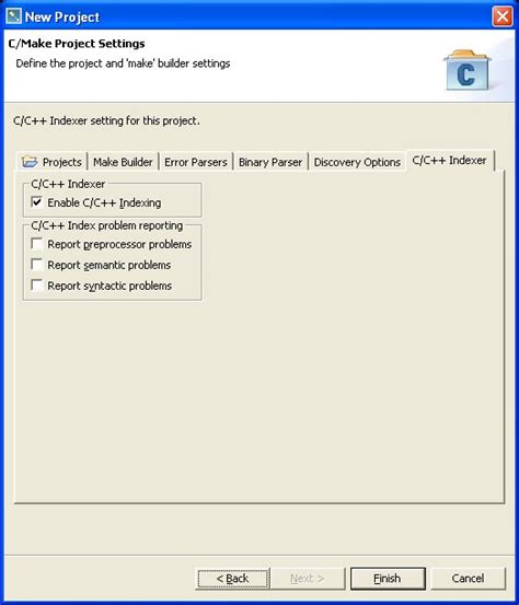 c c indexer tab new project wizard