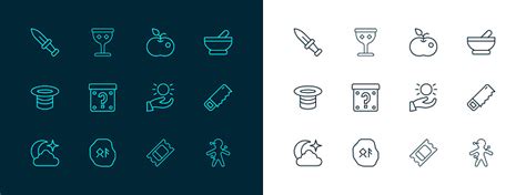 세트 라인 마녀 가마솥 마법 룬 손 위에 떠 있는 공 서커스 티켓 미스터리 박스 독 사과 단검 및 중세 잔 아이콘 벡터 가공의 인물에 대한 스톡 벡터 아트 및 기타 이미지