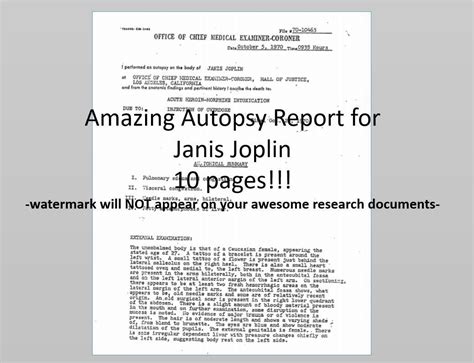 Janis Joplin Autopsy Report Full Complete Coroner Death Report 10pgs