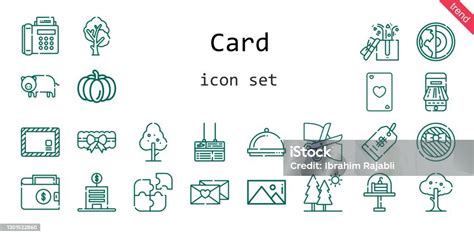 카드 아이콘 세트입니다 라인 아이콘 스타일입니다 결제 방법 선물 지갑 가터 나무 저녁 식사 나무 그림 돼지 가위 은행 봉투 퍼즐 케이크 가격 표 지구 마음의 에이스 러브