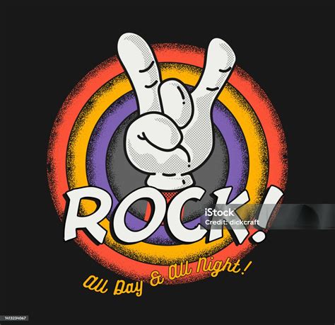 빈티지 둥근 배경에 만화 록 핸드 제스처 포스터에 티셔츠 인쇄 또는 록 음악 애호가를위한 전단지 디자인 벡터 일러스트 레이 션 Hardcore Music Style에