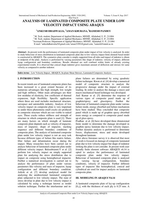 Pdf Analysis Of Laminated Composite Plate Under Low Velocity Impact Using Abaqus