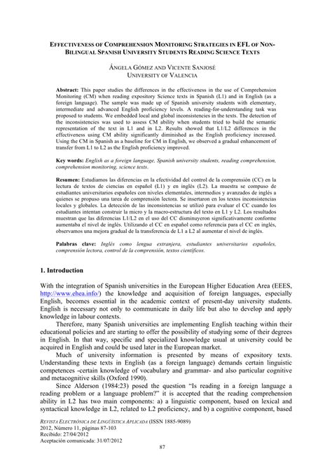 Pdf Effectiveness Of Comprehension Monitoring Strategies In Efl Non Bilingual Spanish