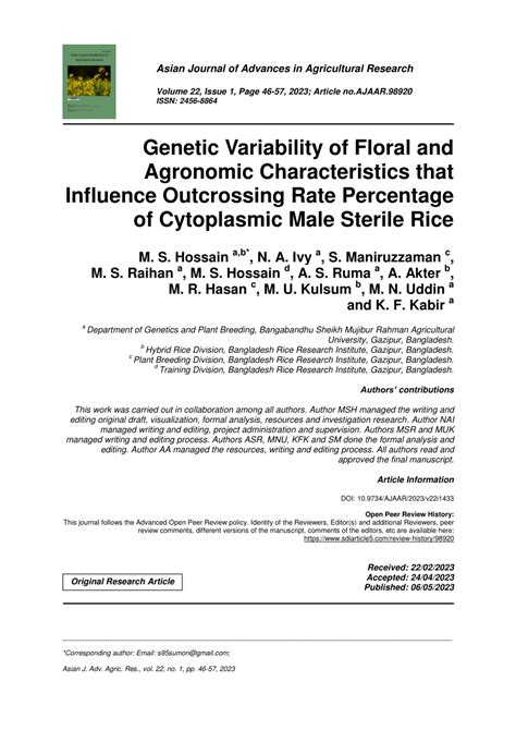 Pdf Genetic Variability Of Floral And Agronomic Characteristics That