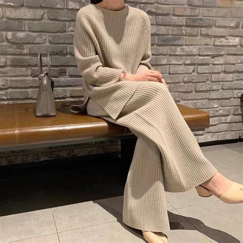 Buy Autumnwinter Womens Knit Sweater And Wide Leg Pants Two Piece Set