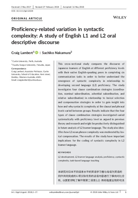 Pdf 2019 Proficiency Related Variation In Syntactic Complexity Craig Lambert