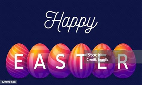 행복 한 부활절 인사말 카드 벡터 그림입니다 줄지어 서 있는 인스타 컬러 무지개 질감의 달걀이 있는 보라색의 수평 배너 개념에 대한 스톡 벡터 아트 및 기타 이미지 Istock