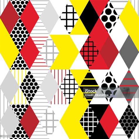 기하학적 요소 멤피스 포스트 모던 레트로 스타일 8090 년대 패션 텍스처 비대칭 모양 마름모 삼각형 원 원활한 패턴 부르고뉴 레드 블랙 회색 노란 배경 사이트 직물에 대