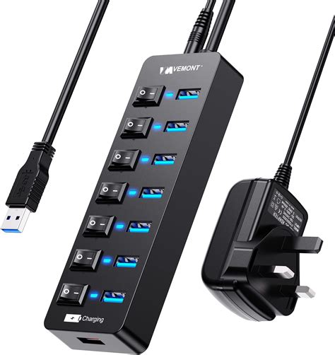 Powered USB Hub 3 0 VEMONT 7 Ports Multi USB Hubs And 1 USB Smart Charging Port With 5V 3A Power