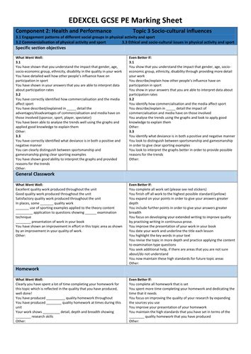 Gcse Edexcel Pe New Specification Component 2 Marking Sheets