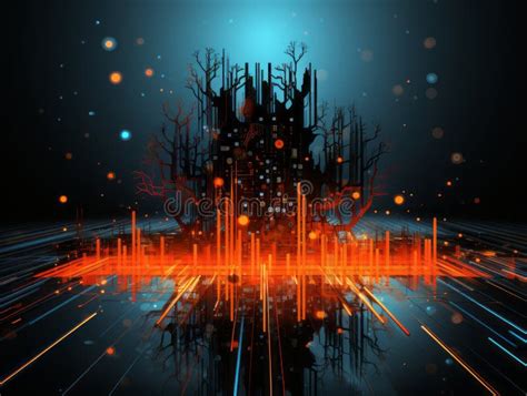 Abstract Futuristic City With Glowing Lights And Trees On A Dark