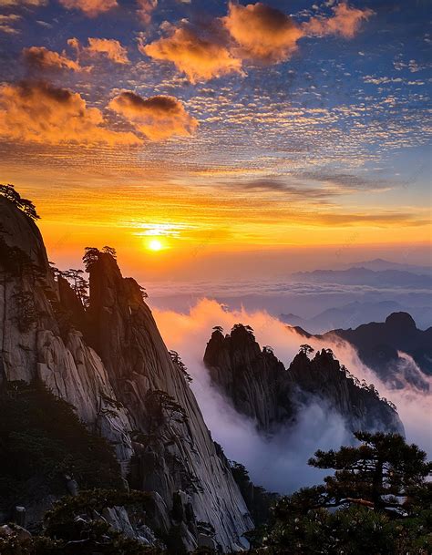 안개 낀 산봉우리 위로 일출 배경 배경 화면 및 일러스트 무료 다운로드 Pngtree