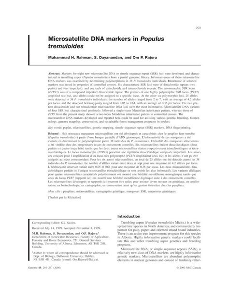 Pdf Microsatellite Dna Markers In Populus Tremuloidesmuhammad H