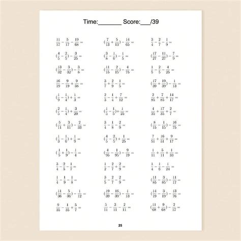 28 pages addition and subtraction fractions arithmetic workbook