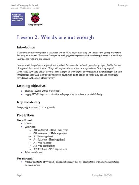 L2 Lesson Plan Developing For The Web Y8 Pdf Html Element