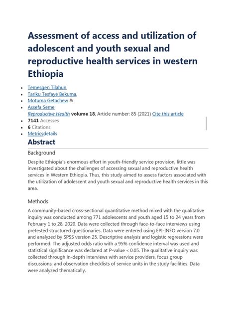 Assessment Of Access And Utilization Of Adolescent And Youth Sexual And Reproductive Health