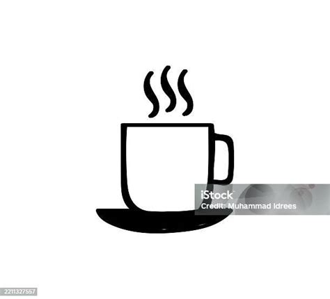 중앙에 하트 모양의 디테일이 있는 김이 모락모락 나는 커피 컵의 손으로 그린 Doddle 그림 흰색 배경에 깨끗한 검은색 선 귀여운에 대한 스톡 벡터 아트 및 기타 이미지