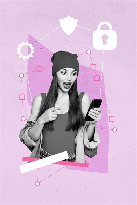 Vertical Creative Picture Collage Young Woman Internet User Smartphone