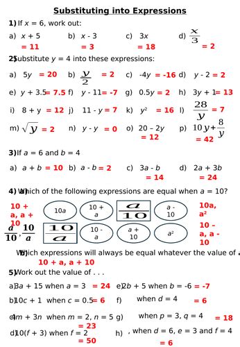 Substituting Into Expressions Teaching Resources