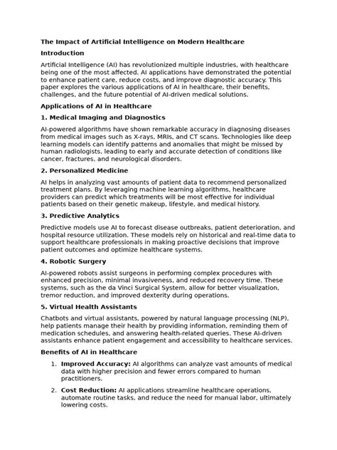 The Impact Of Artificial Intelligence On Modern Healthcare Pdf